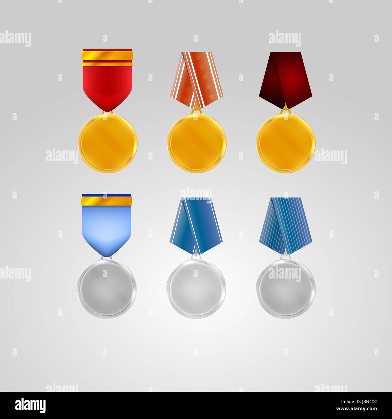Gold and silver medals with colour ribbons. Six vector illustrations ...