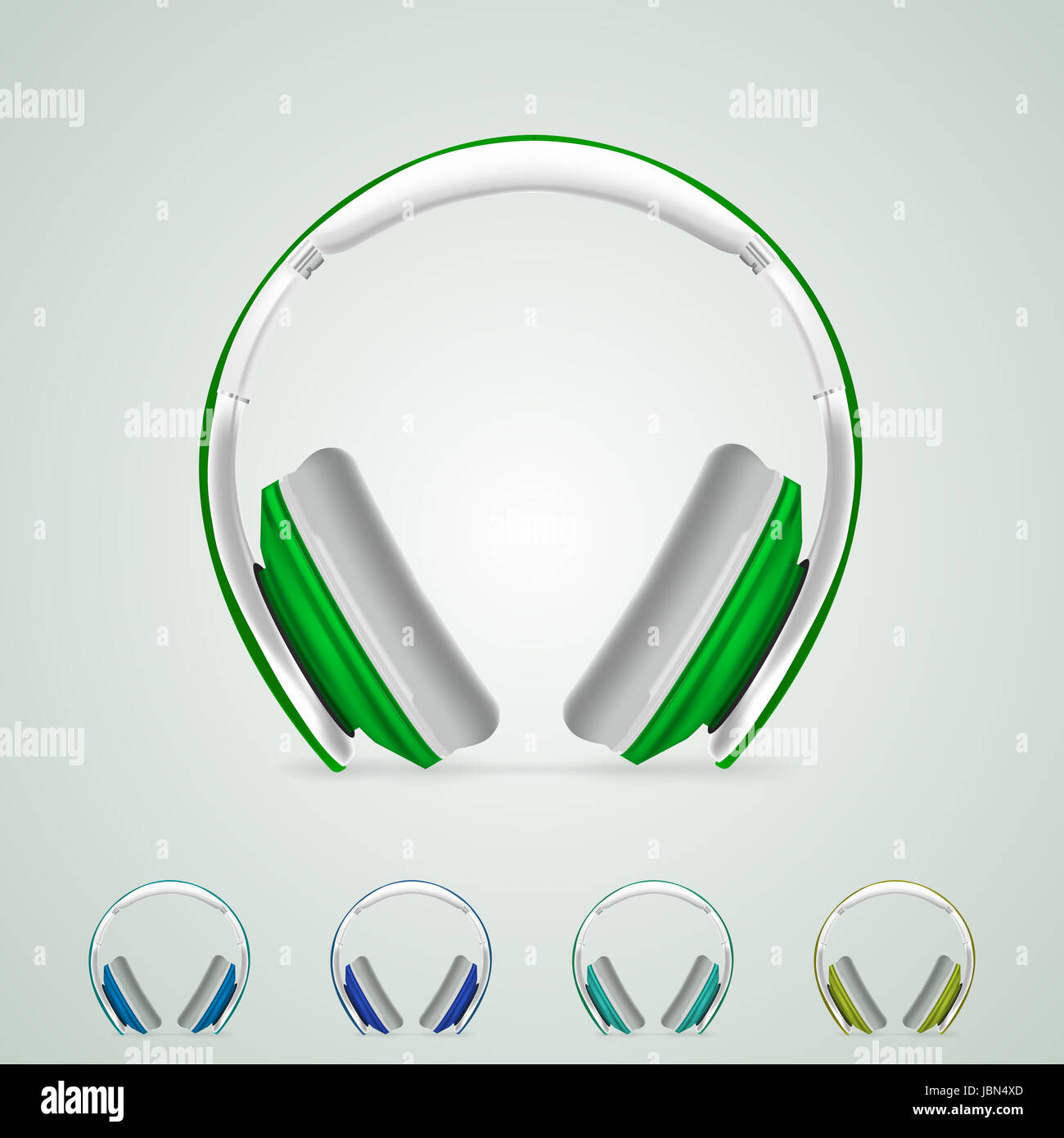 White modern headphones with colour elements. Five vector illustrations ...