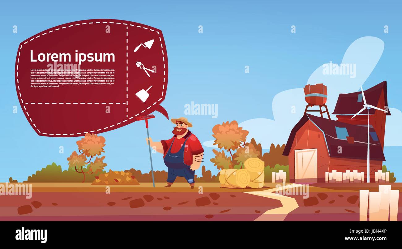 Farmer Hold Rake Work On Field Cartoon Character Country Man Near Farm ...