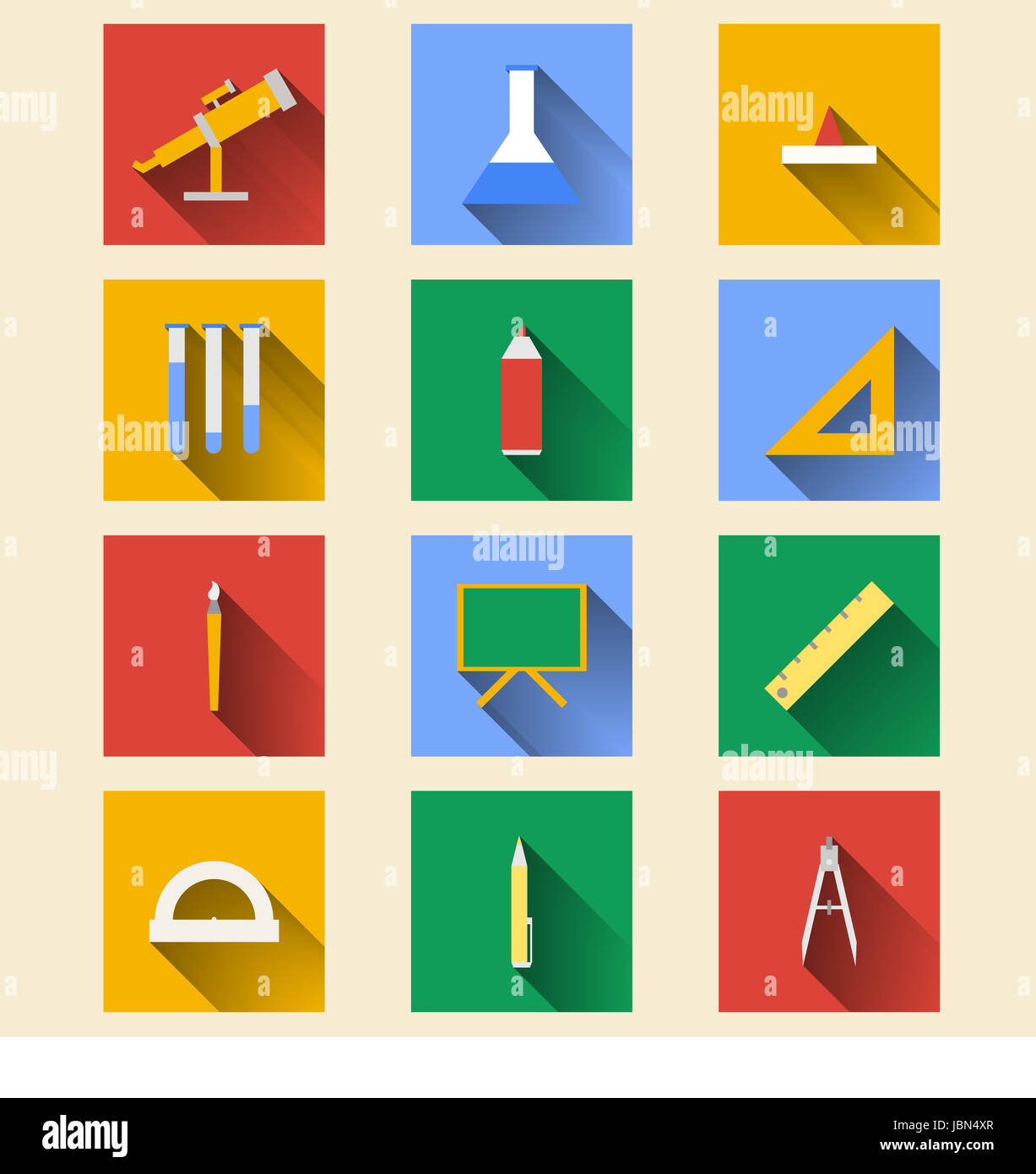 Square colored icons for school on white background Stock Photo - Alamy