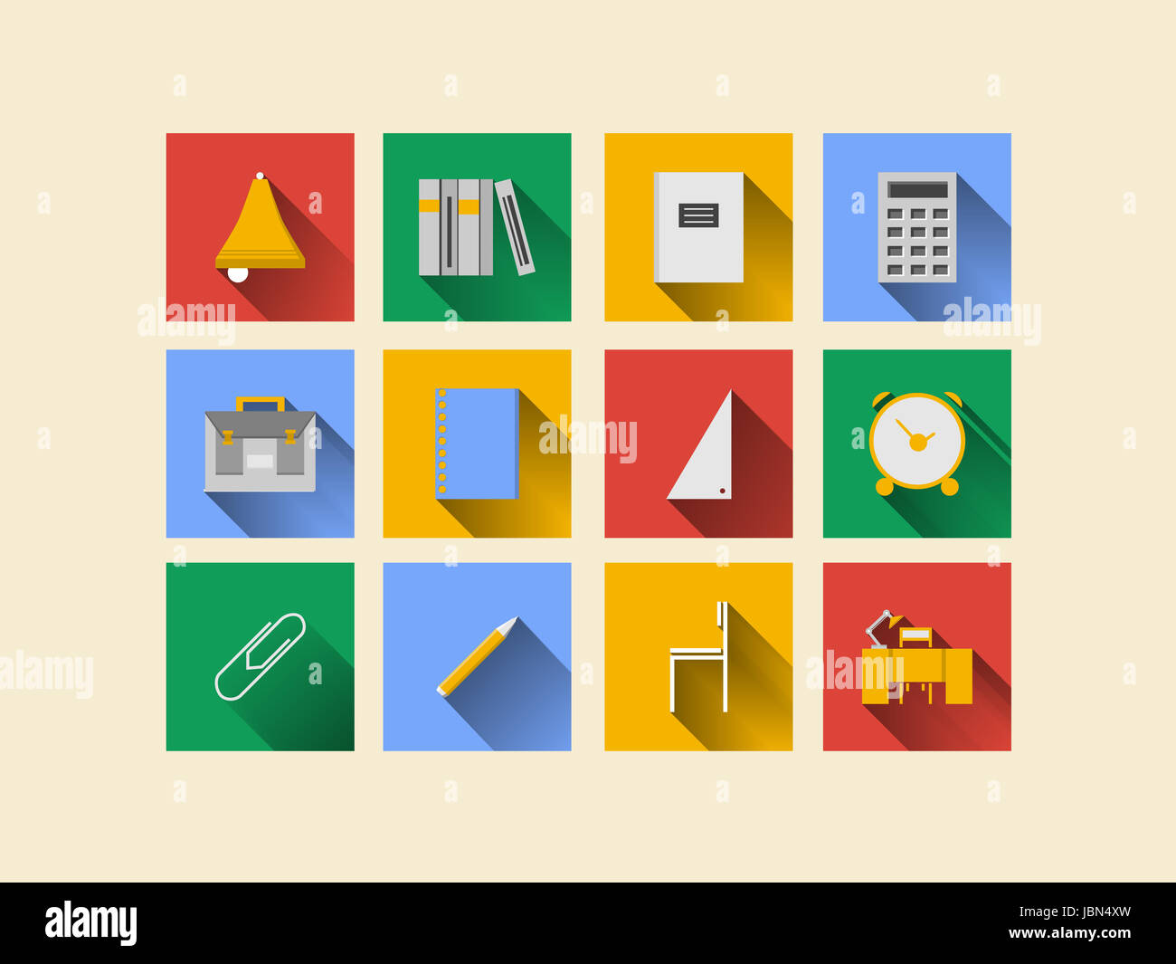 Square colored icons for school on white background Stock Photo - Alamy