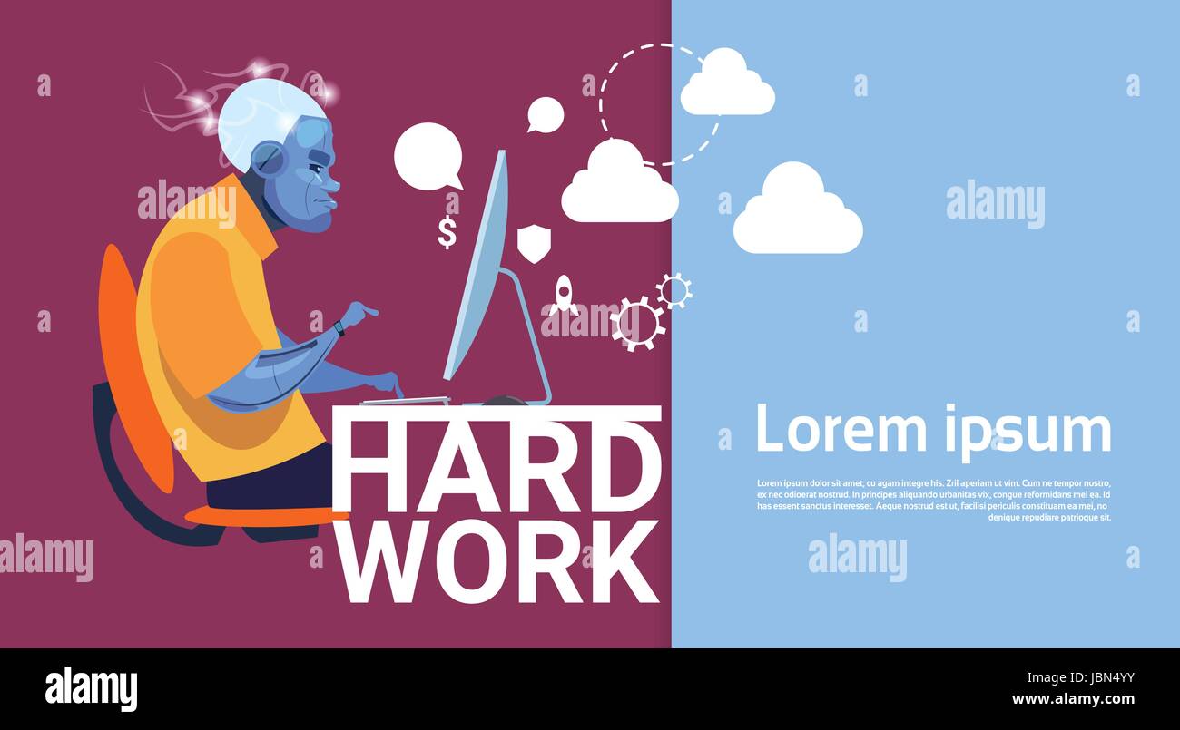 Robotic Business Man Working Computer Busy Hard Work Concept Banner ...