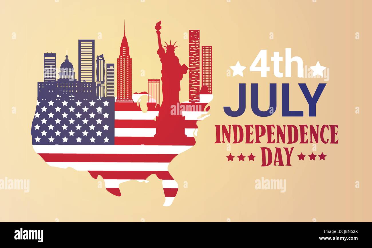 Silhouette United States Map With Landmarks Independence Day Holiday 4 ...