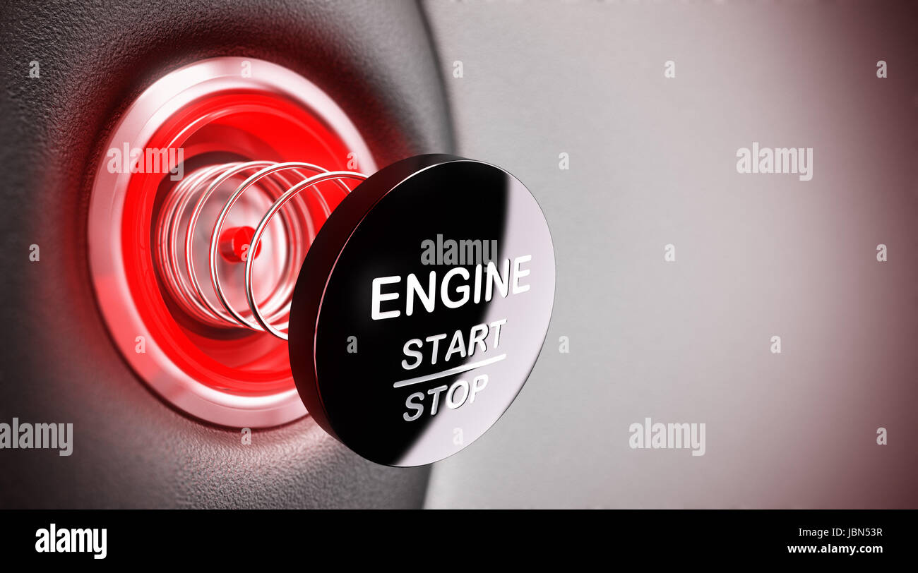 Broken engine start and stop button, blur effect and red tones. Concept ...