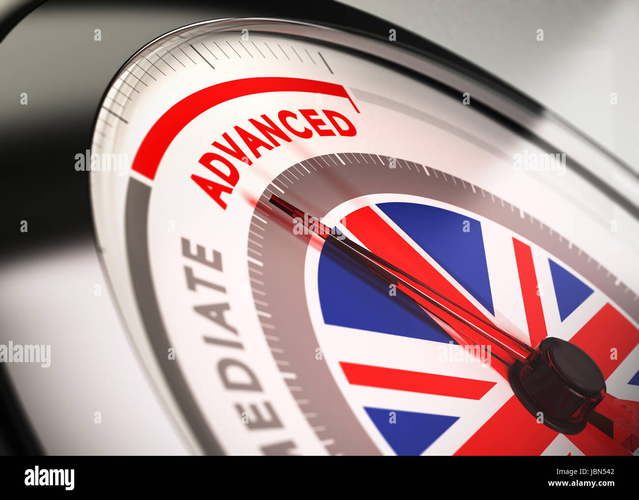 Close up of a dial with blur effect and the needle pointing the word ...