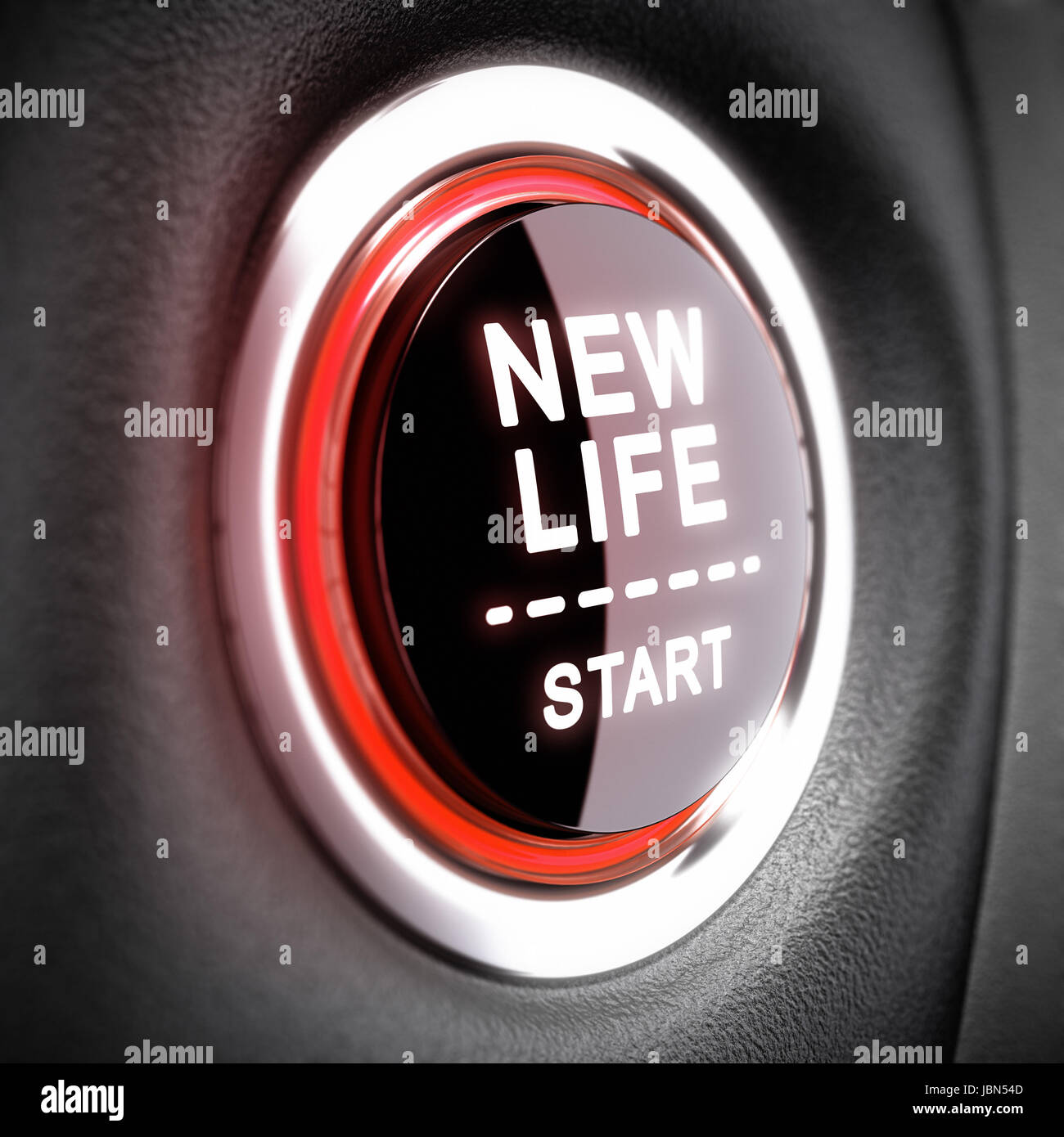 Push button with the text New Life Start. Conceptual 3D render image ...