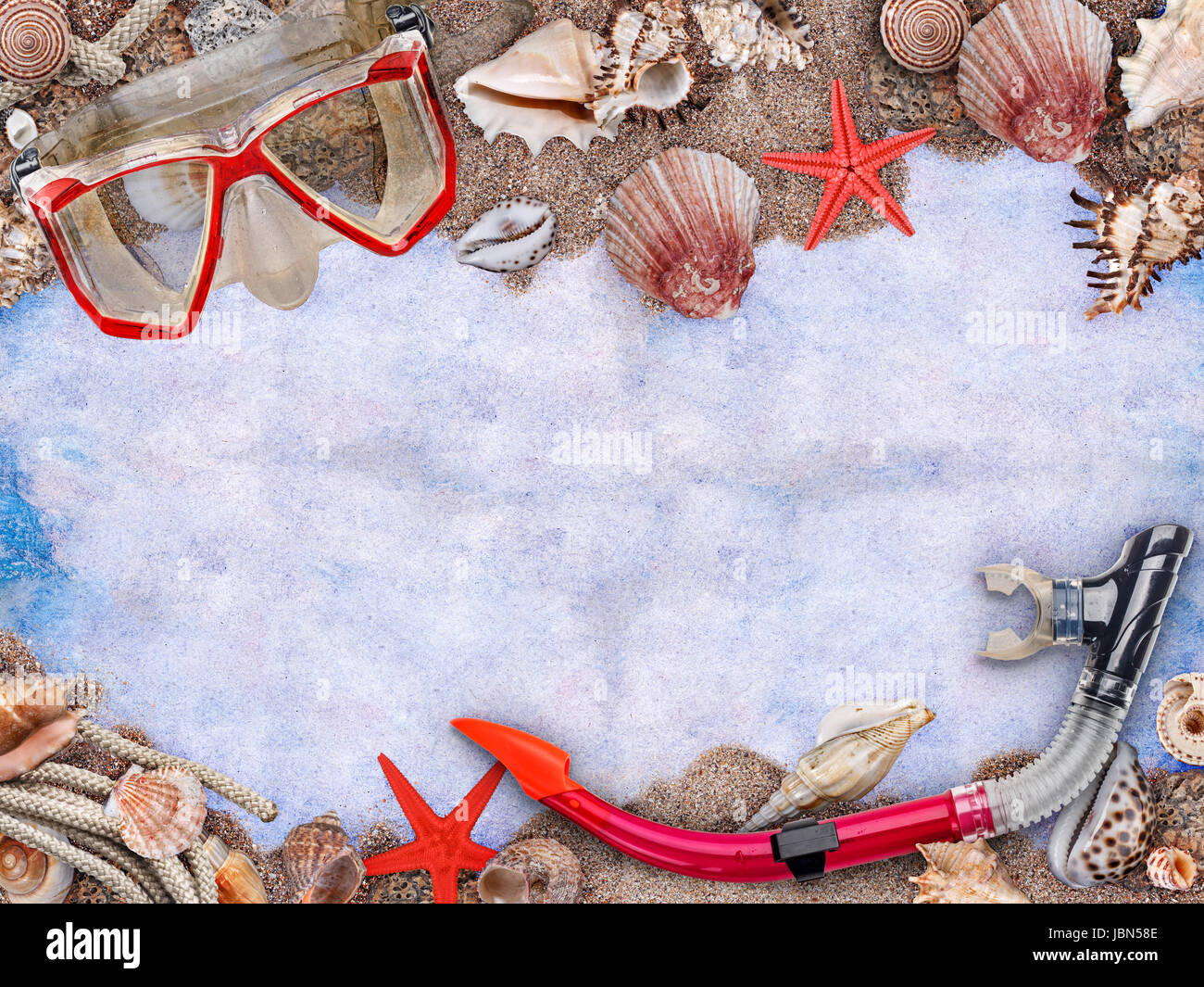 Beach background with snorkel and mask for diving Stock Photo - Alamy