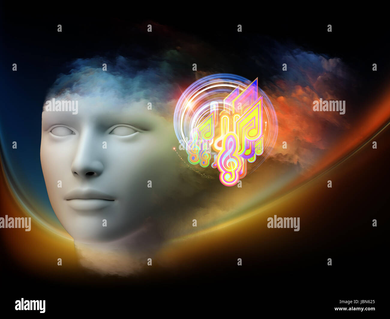 Colorful Mind series. Arrangement of human head and design elements on ...