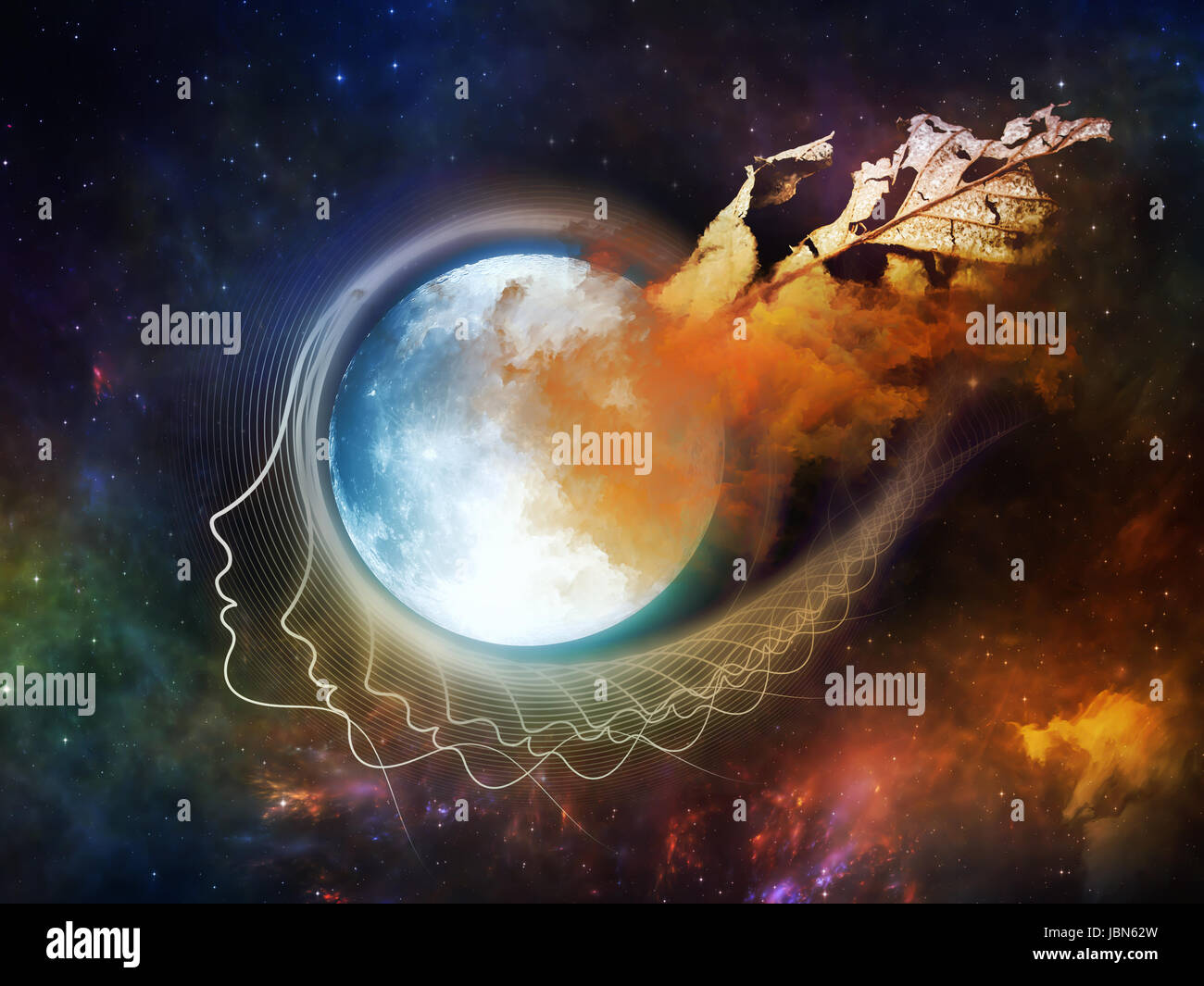 Inner Moon series. Backdrop of moon, human profile and design elements ...