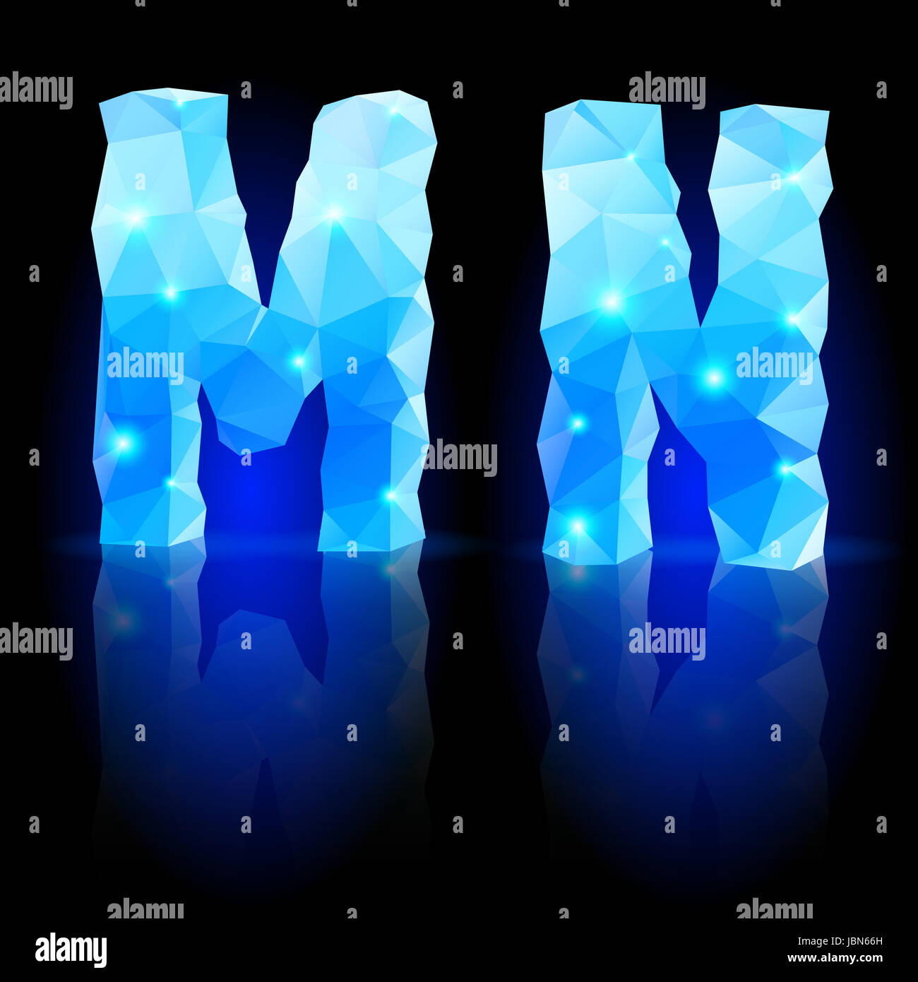 Shiny blue polygonal font. Crystal style M and N letters with ...