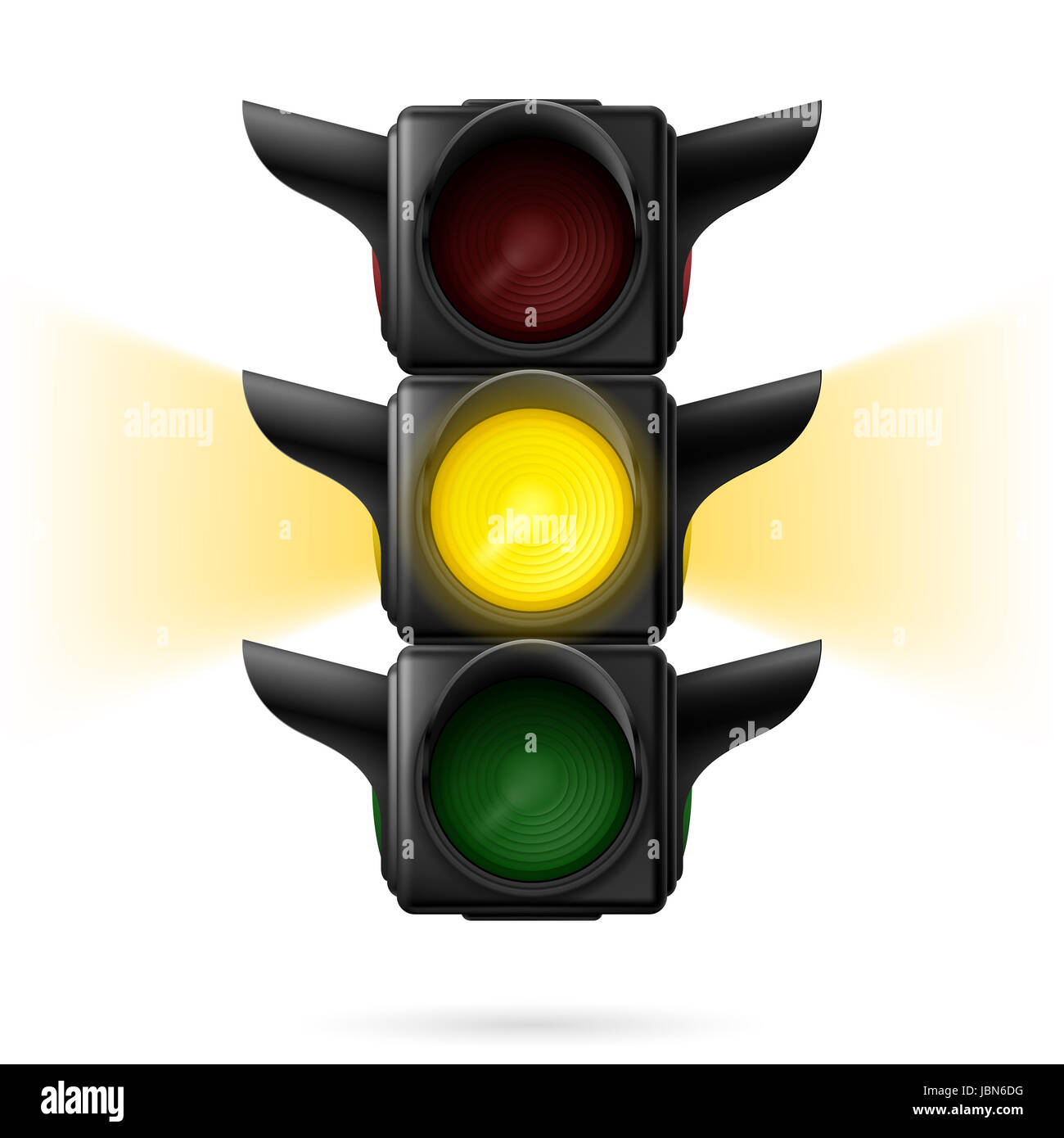 Realistic traffic lights with yellow color on and sidelight. Wait ...