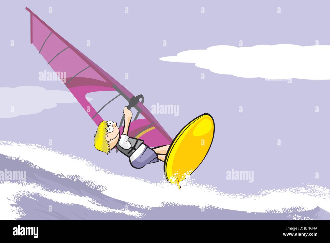 Boy practicing windsurfing in the ocean. Conceptual vector illustration ...