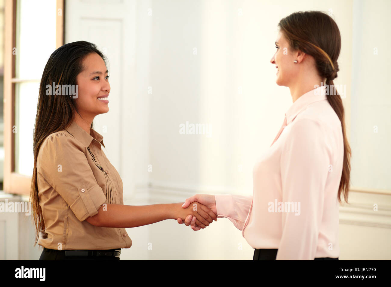 Portrait of two professional females giving hands greeting each other ...