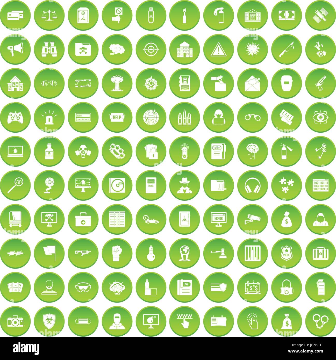 100 hacking icons set green circle isolated on white background vector ...