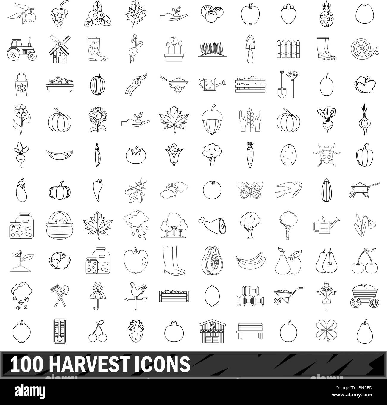 100 harvest icons set in outline style for any design vector ...