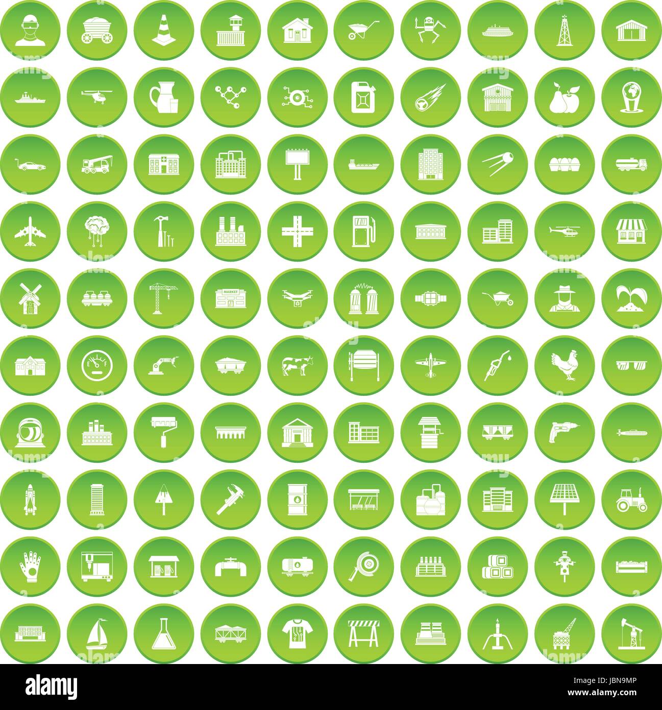 100 industry icons set green circle isolated on white background vector ...