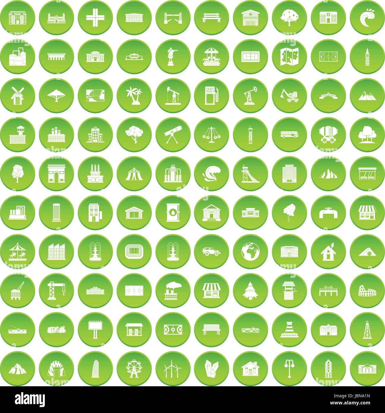 100 landscape element icons set green circle isolated on white ...