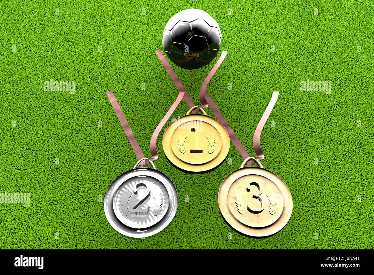 White football over grass field with gold, silver and bronze medals, 3d ...