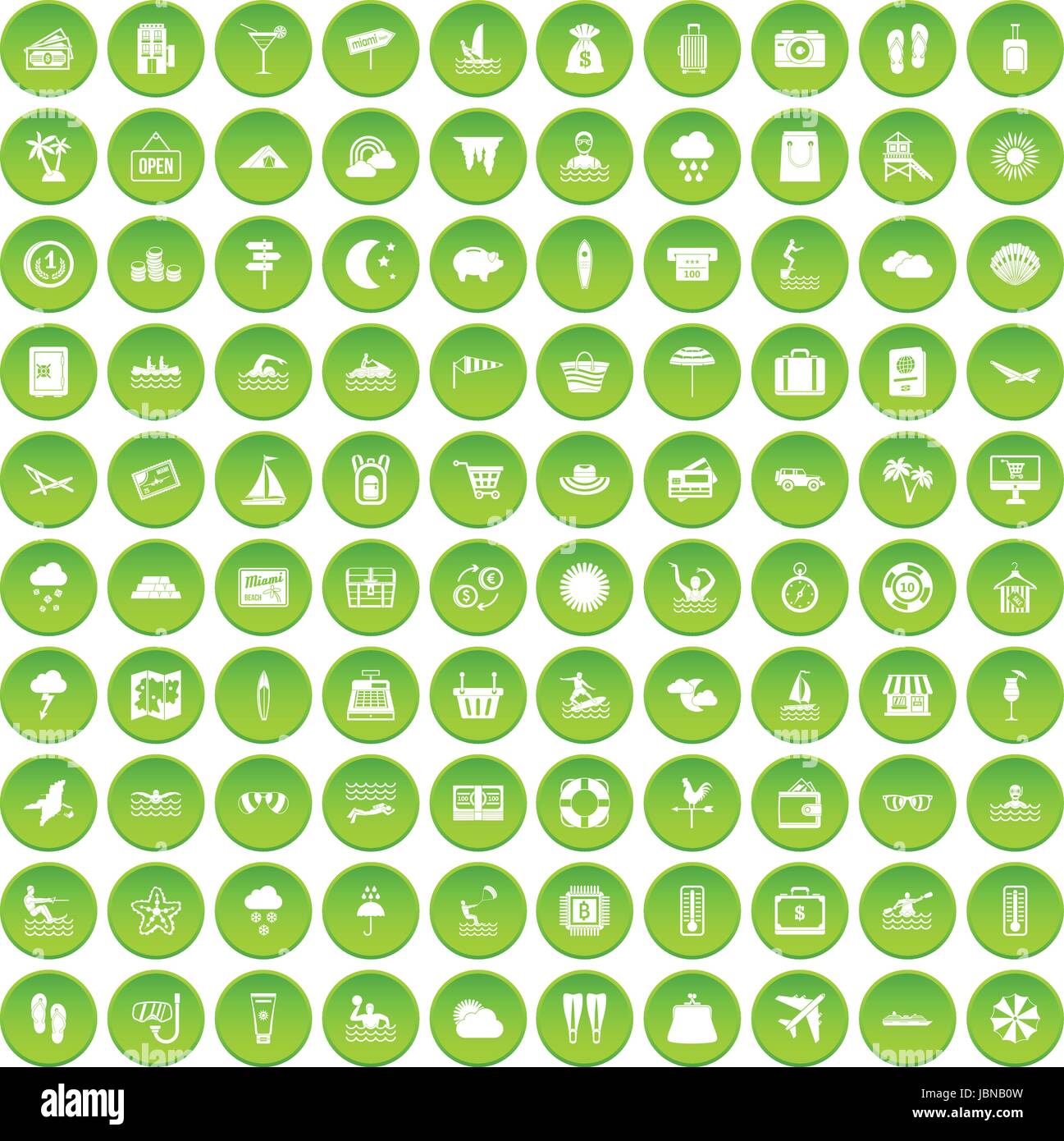 100 seaside resort icons set green circle isolated on white background ...