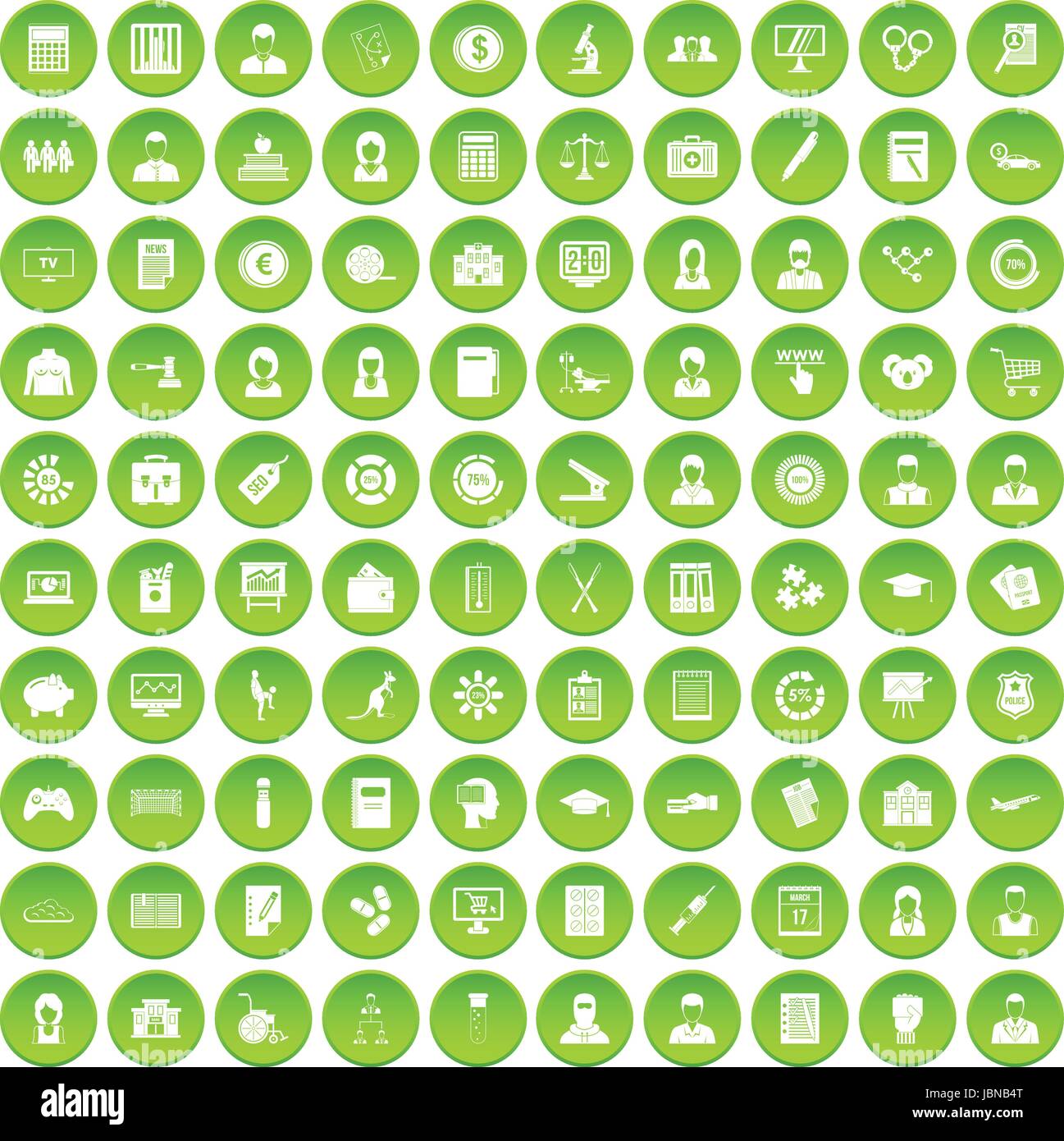 100 Statistic Data Icons Set Green Circle Isolated On White Background Vector Illustration Stock