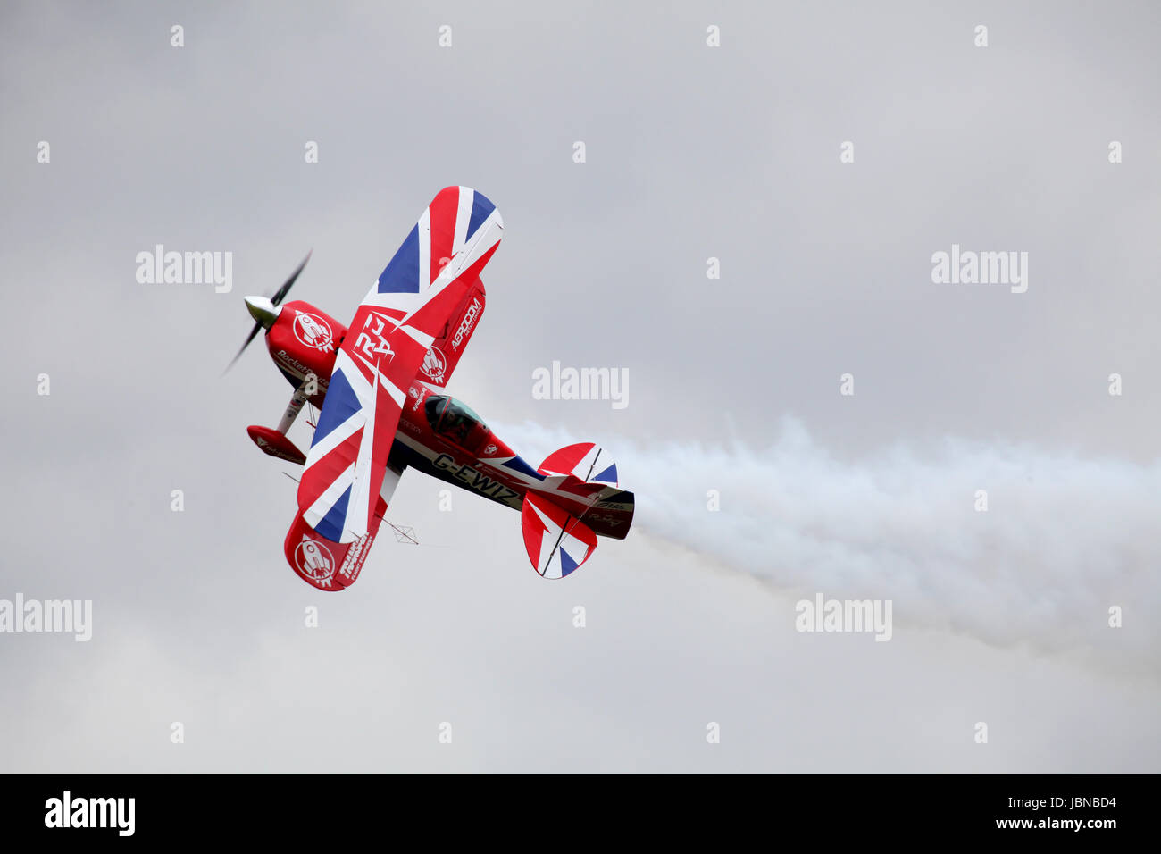 A stunt biplane performing an aerobatics routine at East Fortune ...