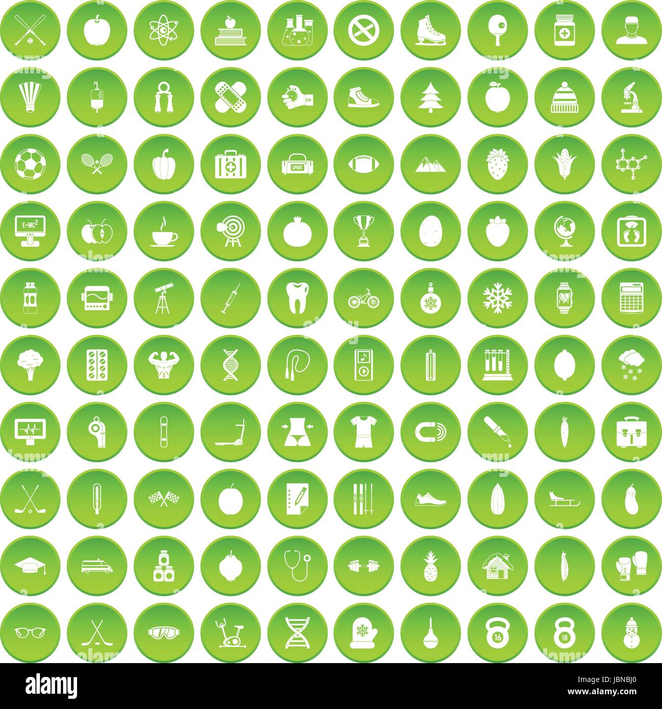 100 wellness icons set green circle isolated on white background vector ...