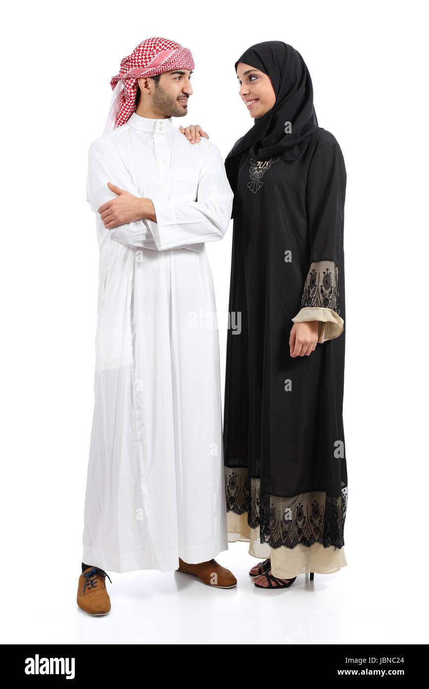 Full body of an arab saudi couple posing together isolated on a white ...