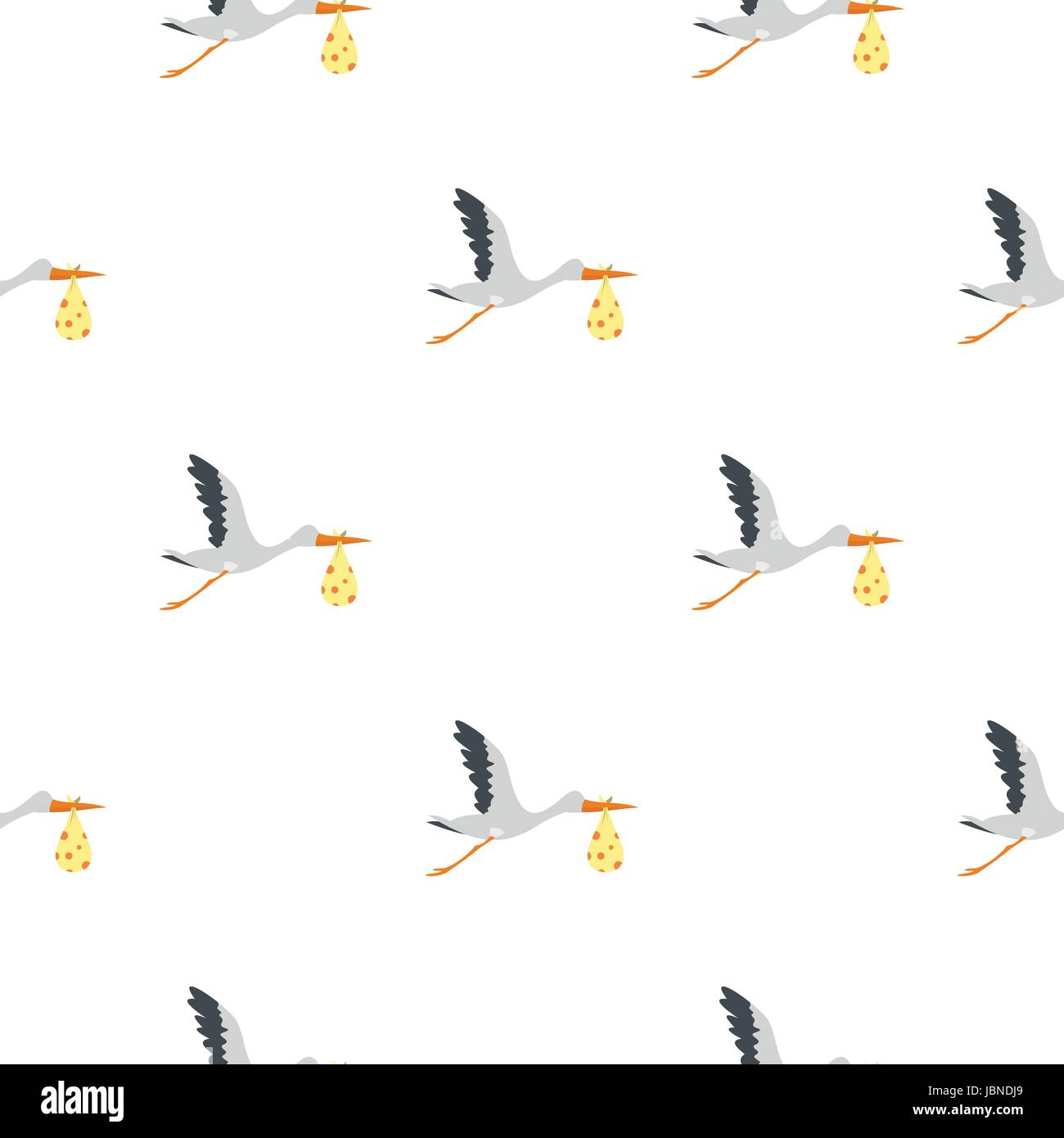 Flying stork with a bundle pattern seamless background in flat style ...