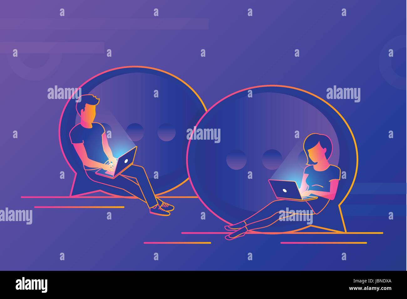 Chat talk concept illustration of young people using laptops for ...