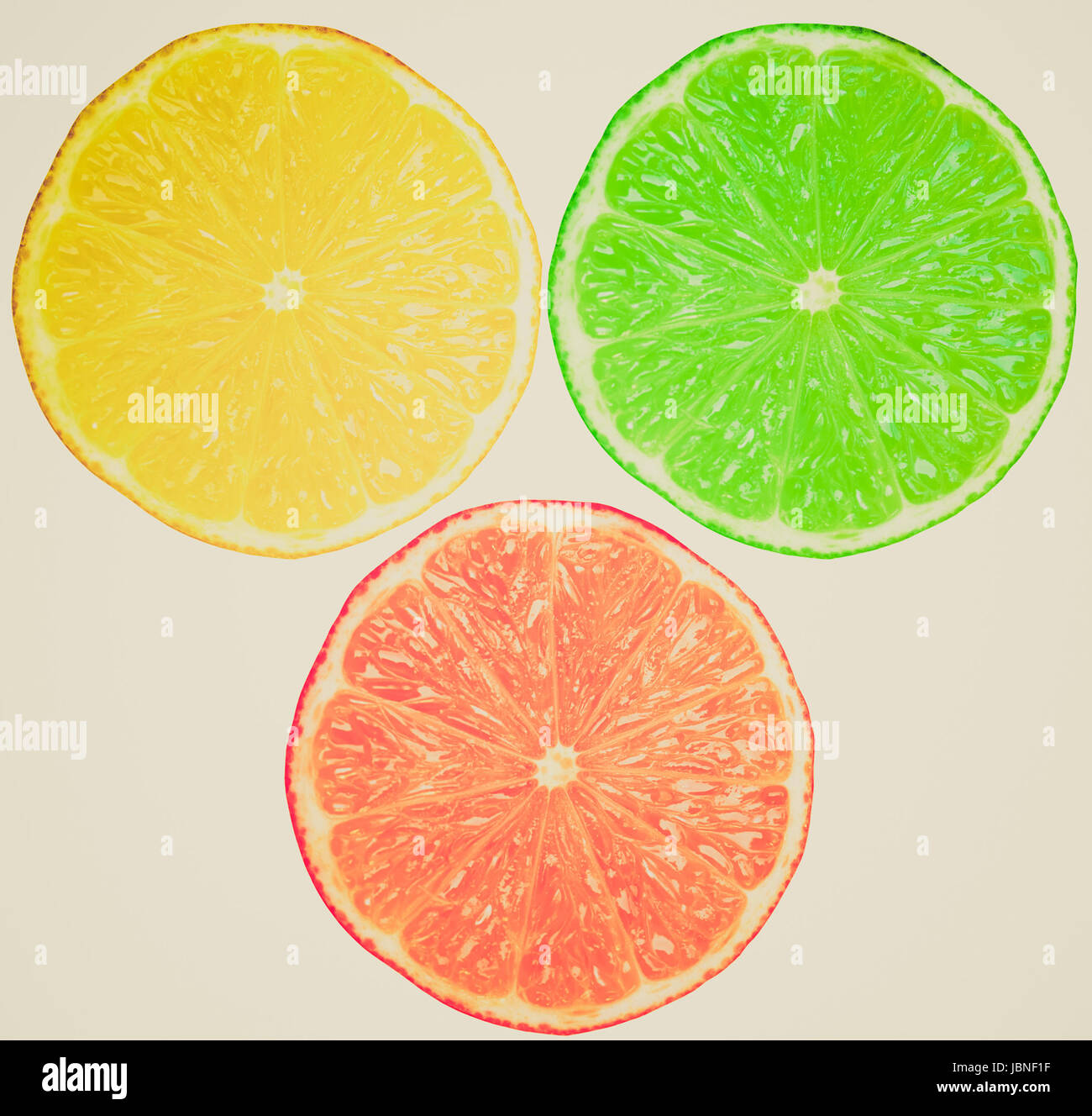 Vintage retro looking Slices of lemon lime orange citrus fruit isolated ...