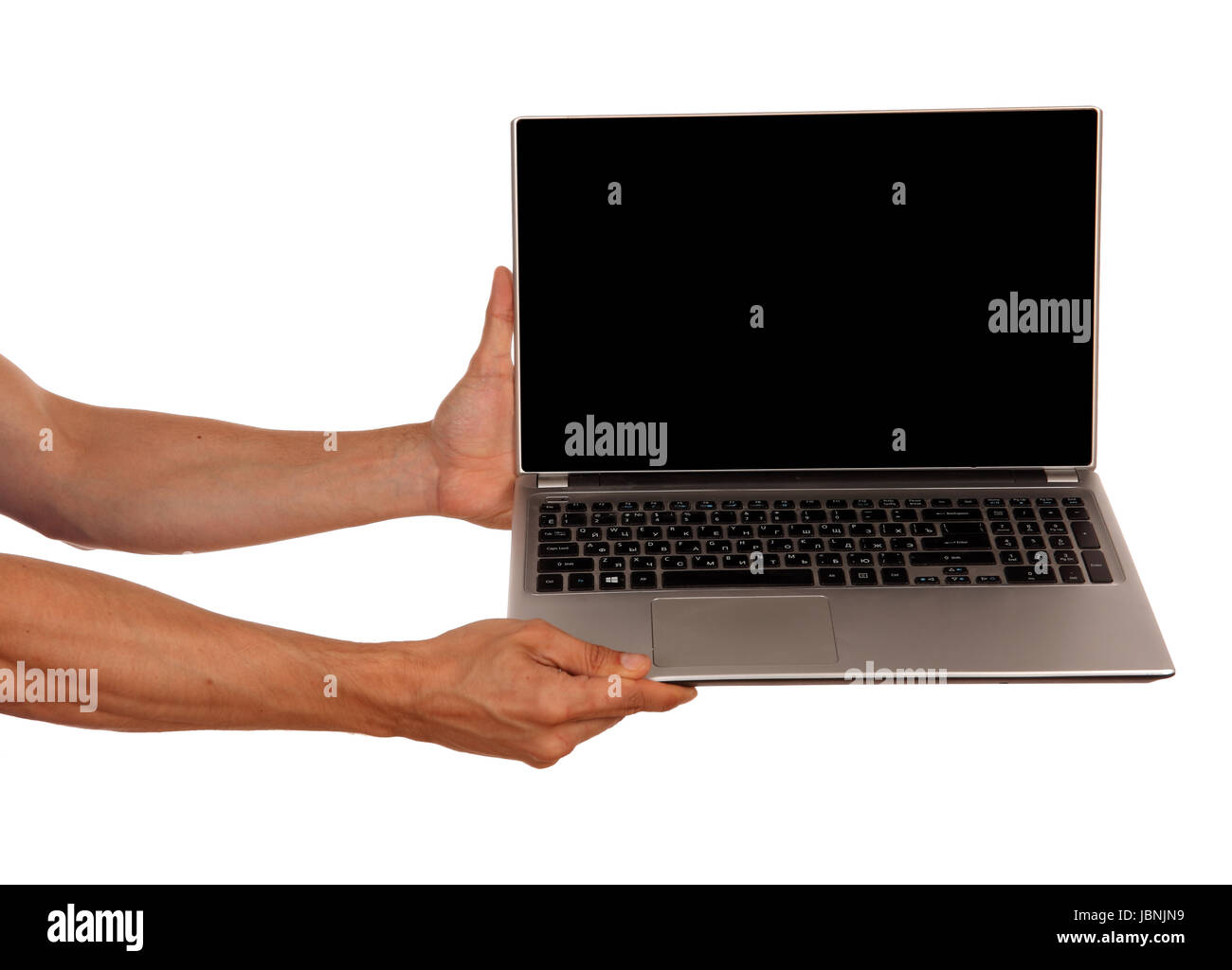 Man Hand holding a laptop isolated on white background in studio Stock ...