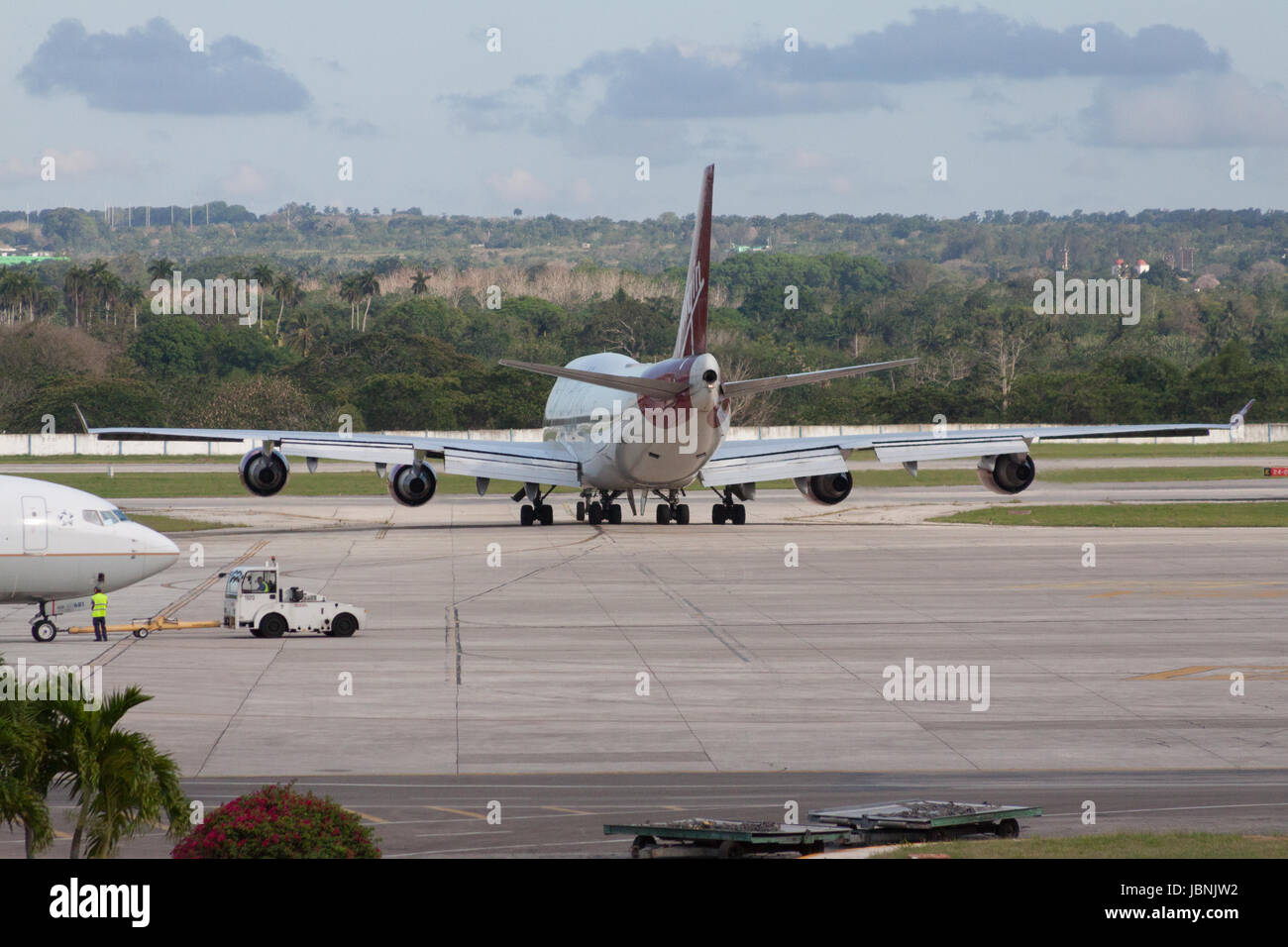 Virgin Atlantic 747-400 jet about to take off in Havana, Cuba Stock ...
