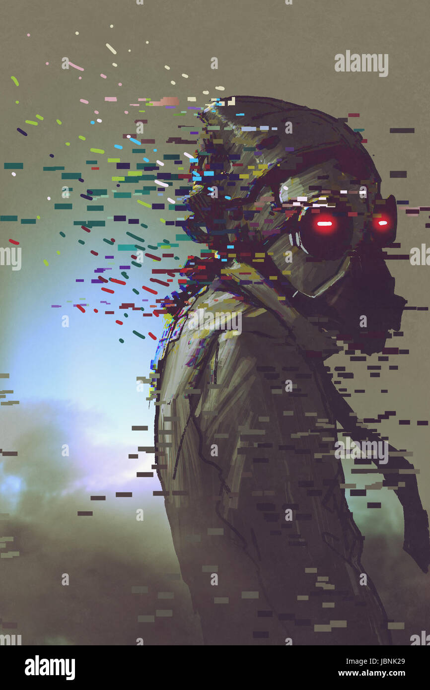 the man cyborg in a futuristic mask with glitch effect, digital art ...