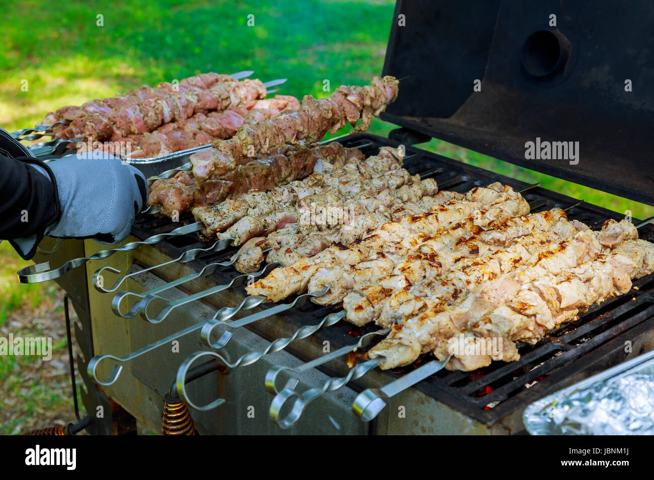 Grilled meat roasted skewers barbecue. Barbeque churrasco meat ...