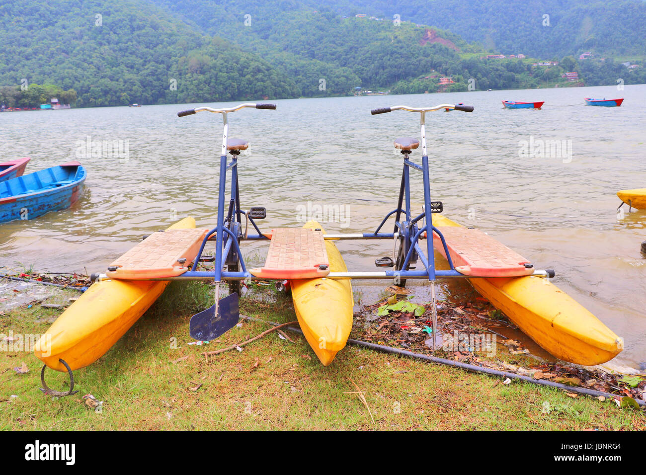 Cycle Boats on the bank of Phewa Lake, Pokhara, Nepal Stock Photo - Alamy