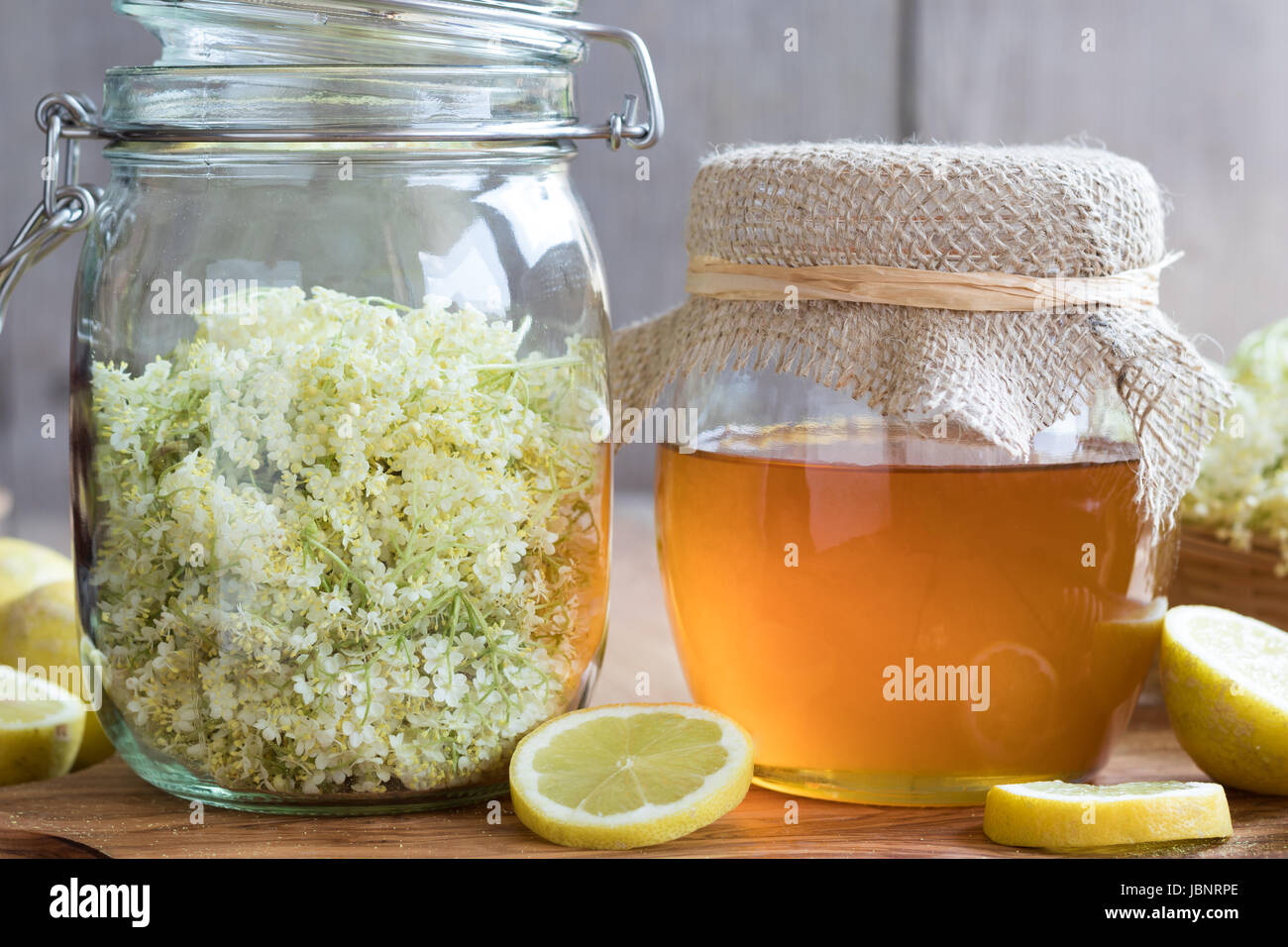 Ingredients for making a natural elder flower syrup - fresh elder ...