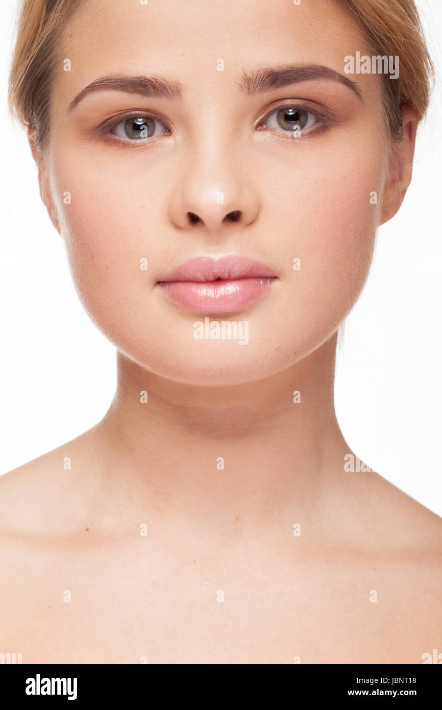 Natural beauty of woman with no make up on white background in studio ...