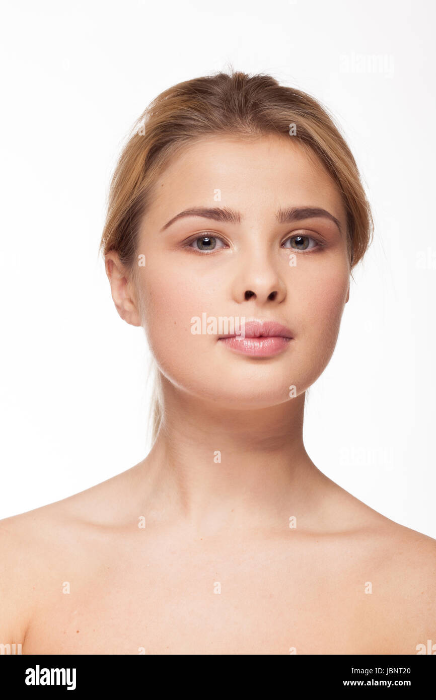 Natural beauty of woman without make up on white background in studio ...