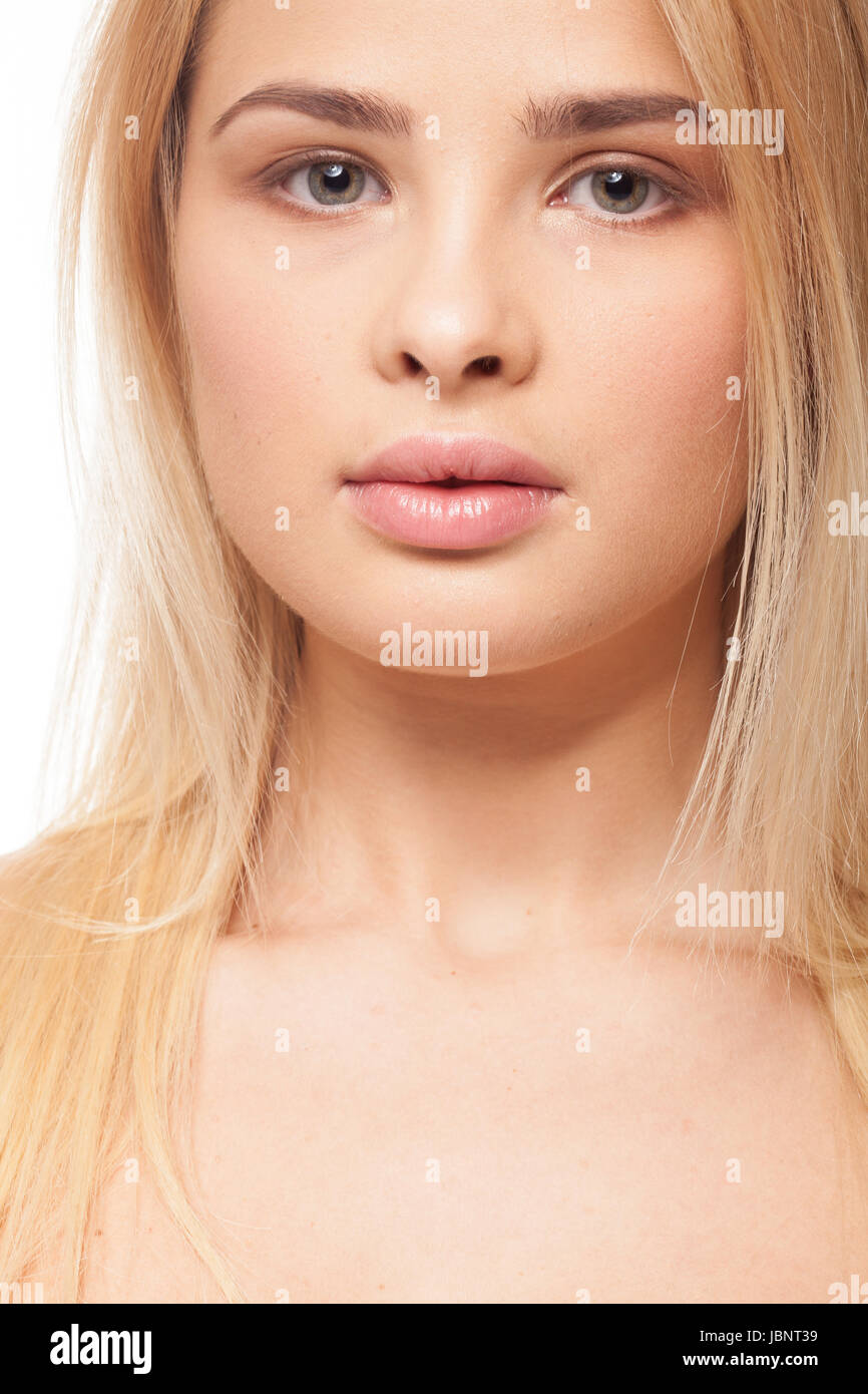 Beautiful a bit overweight girl on white background in studio photo ...