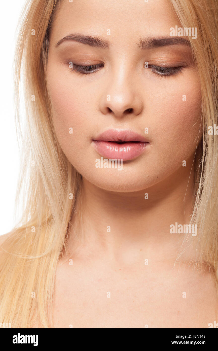 Beautiful a bit overweight girl on white background in studio photo ...