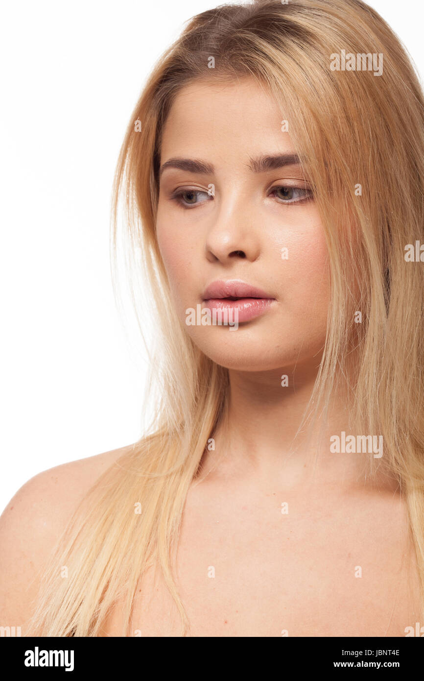 A bit overweight girl on white background in studio photo Stock Photo ...