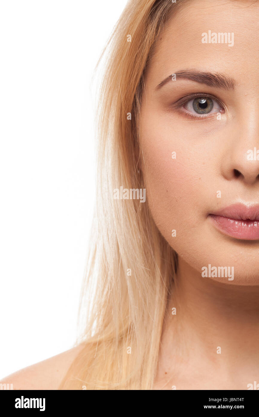 Beautiful a bit overweight girl on white background in studio photo ...