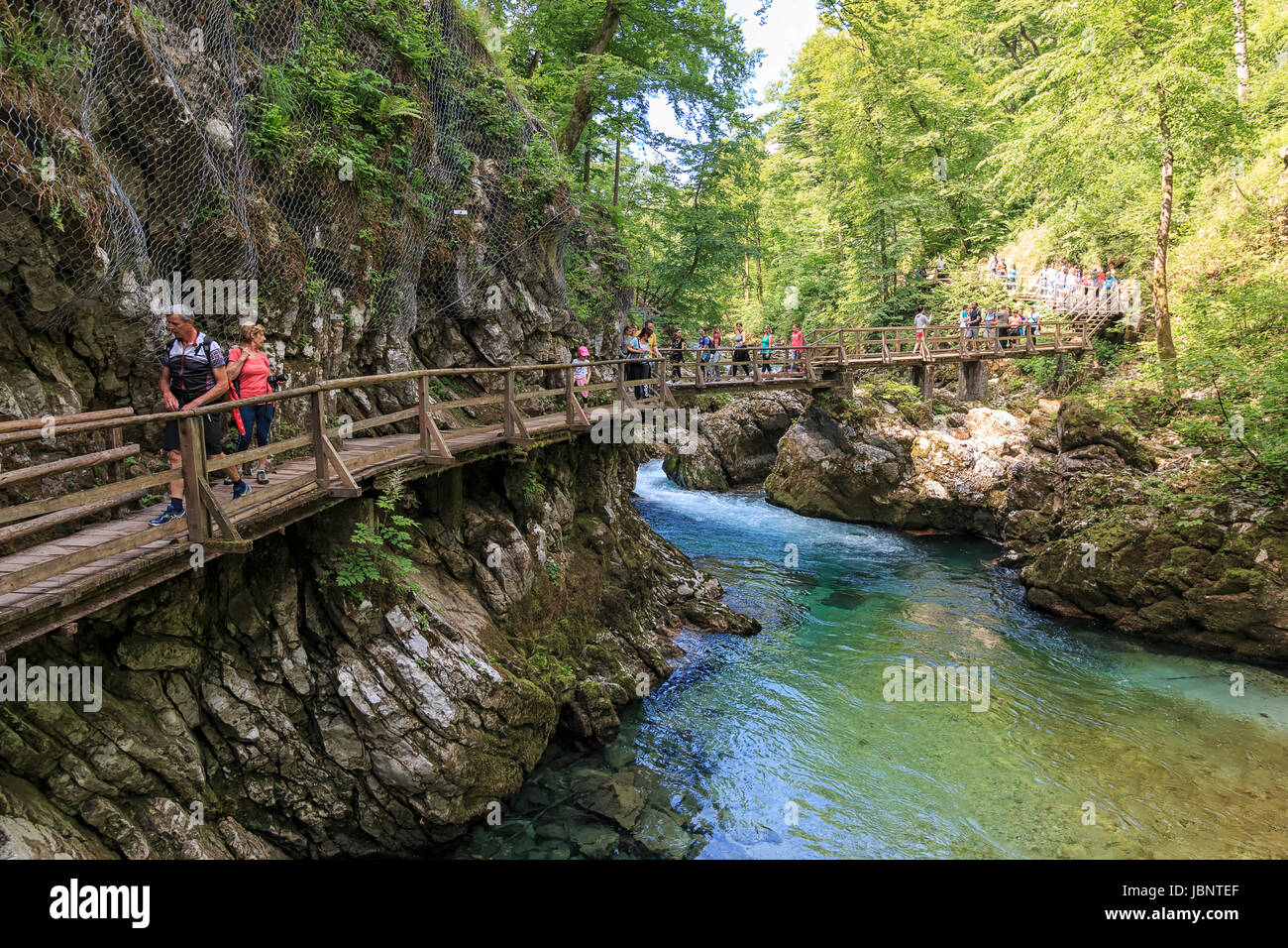 Bled, Slovenia - June 3, 2017: Tourists walking inside the Vintgar ...