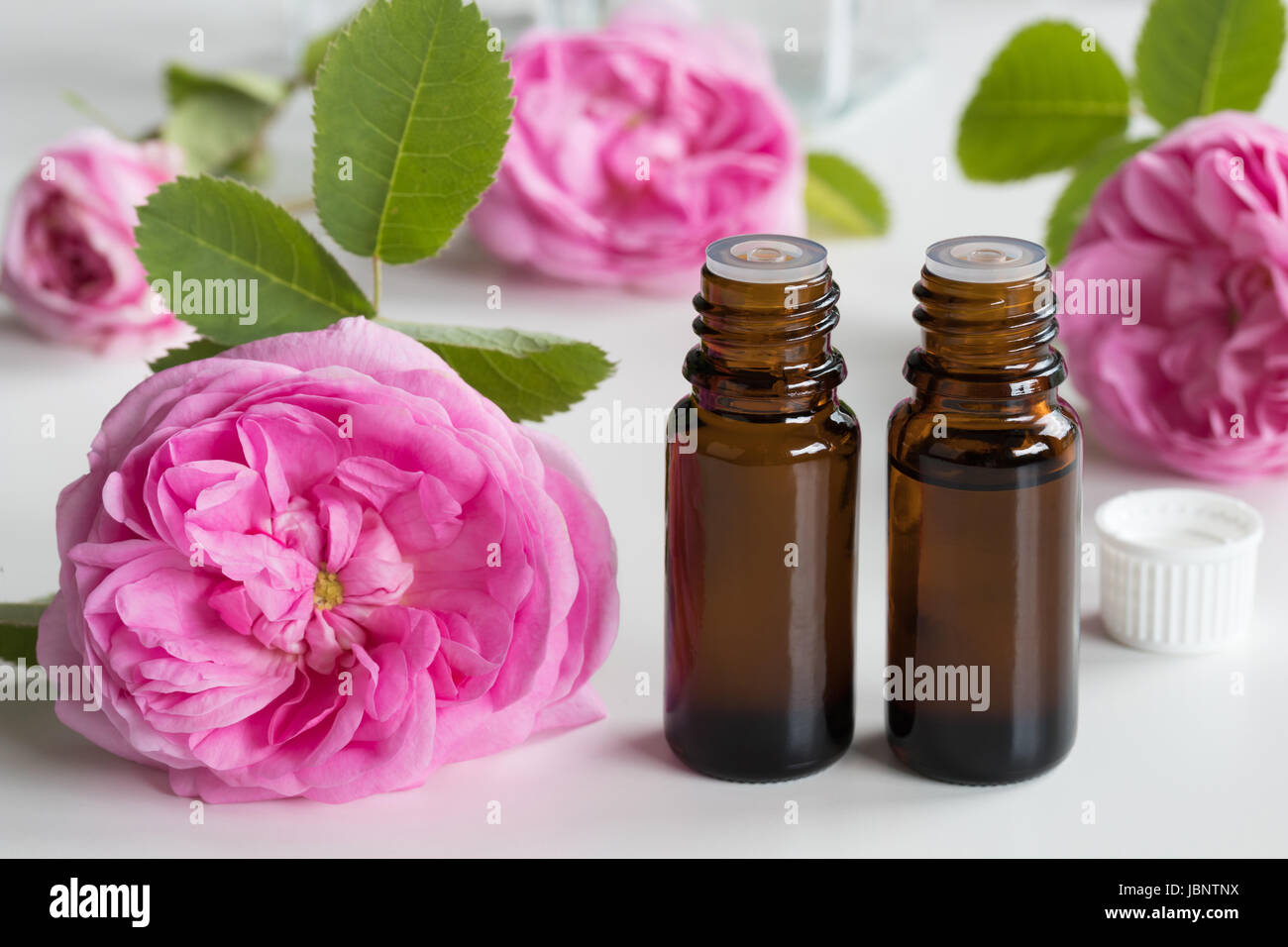 Two bottles of rose essential oil with rose flowers on a white ...