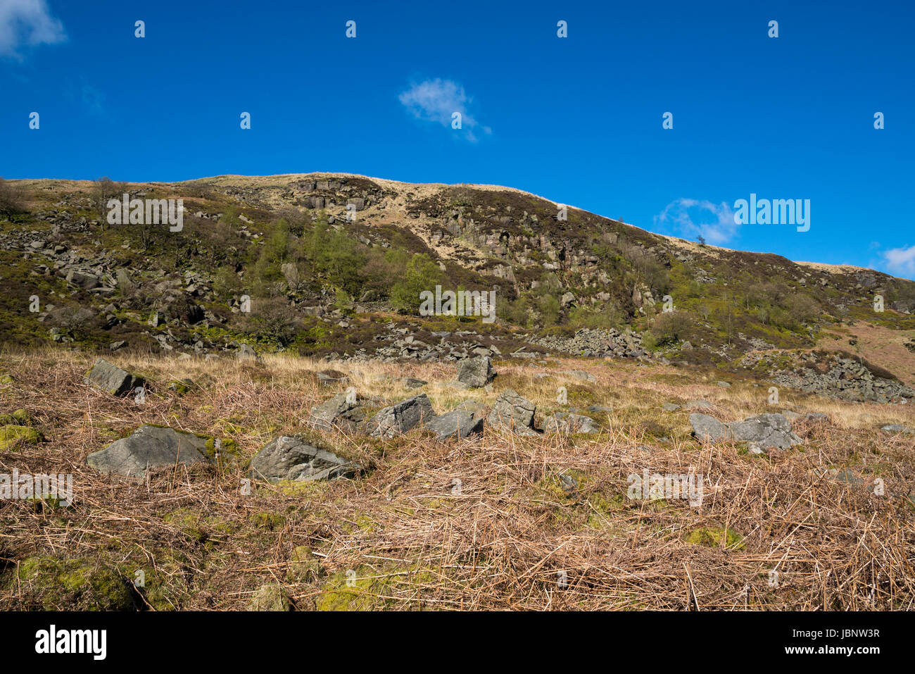 Rugged moorland landscape beside the Pennine way at Crowden, North ...