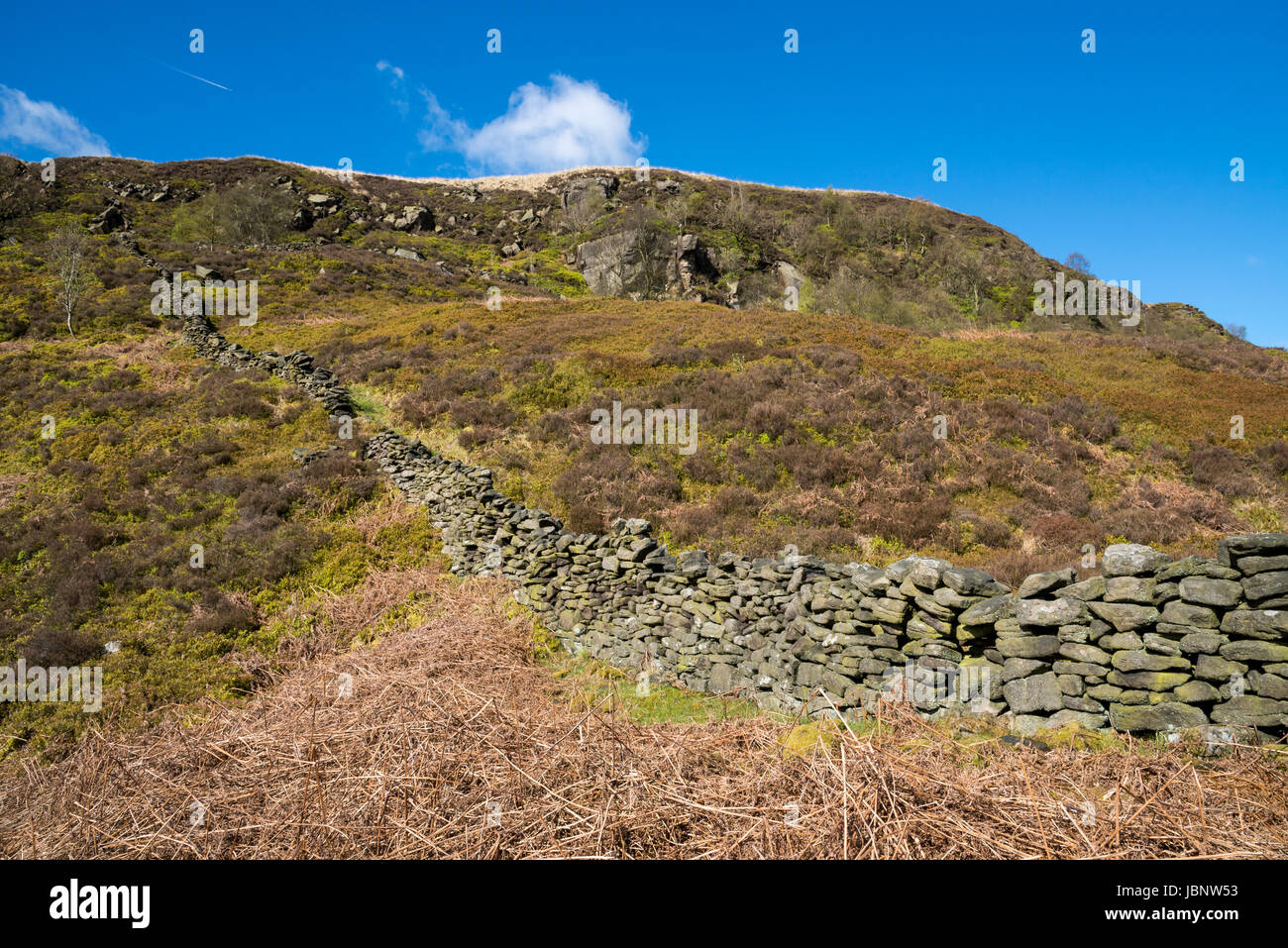 Rugged moorland landscape beside the Pennine way at Crowden, North ...