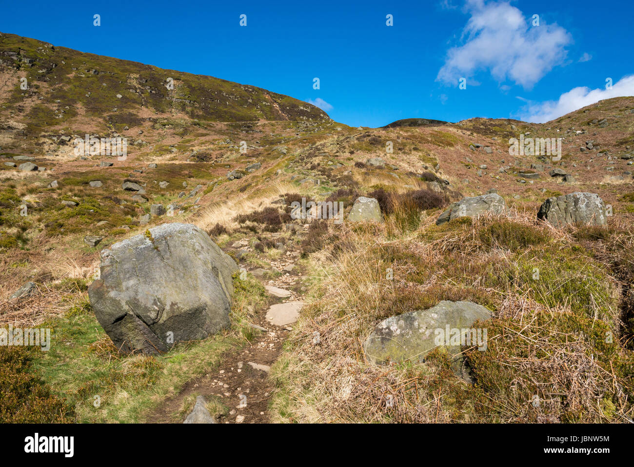 Rugged moorland landscape beside the Pennine way at Crowden, North ...