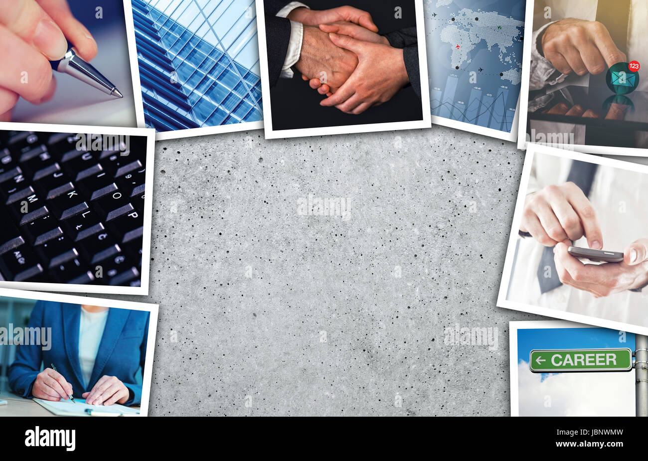 Business and entrepreneurship photo collage over gray concrete ...