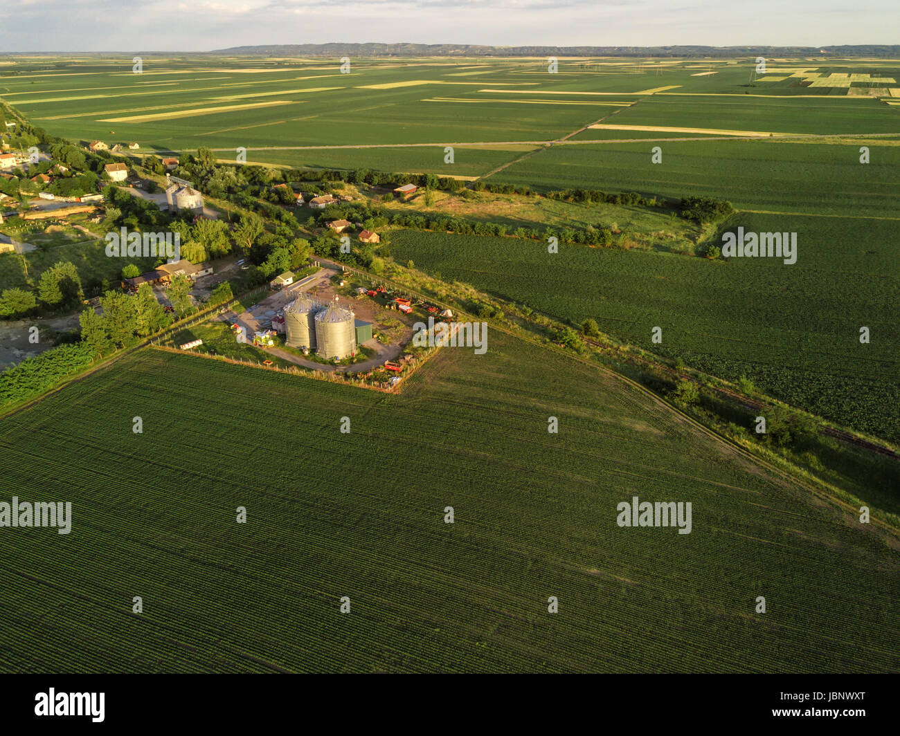 Aerial view of countryside landscape from drone pov - cultivated fields ...