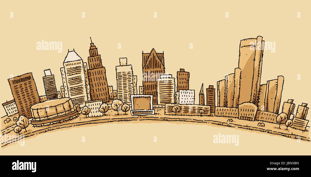 Cartoon skyline of downtown Detroit, Michigan, USA Stock Vector Image ...